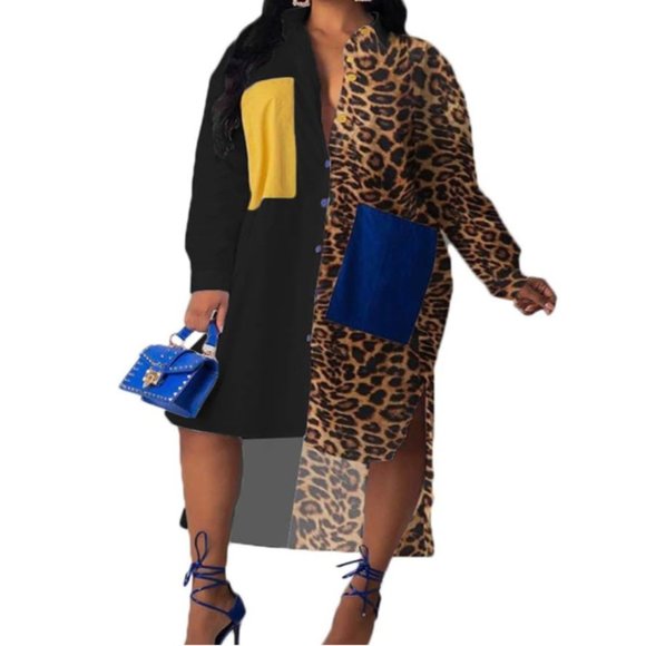 UNBRANDED | Dresses | Nwt Cheetah Print Color Block Hi Low Shirt Dress ...